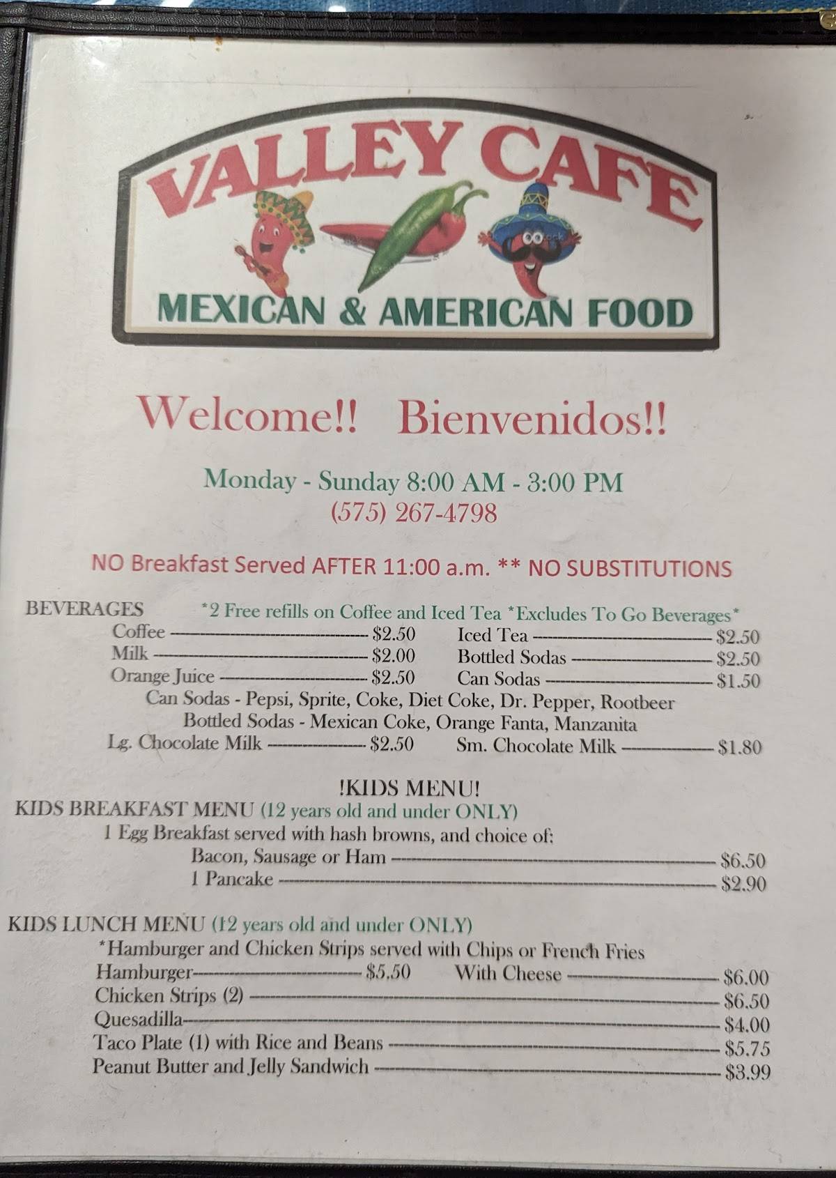 Menu at Valley Cafe, Hatch