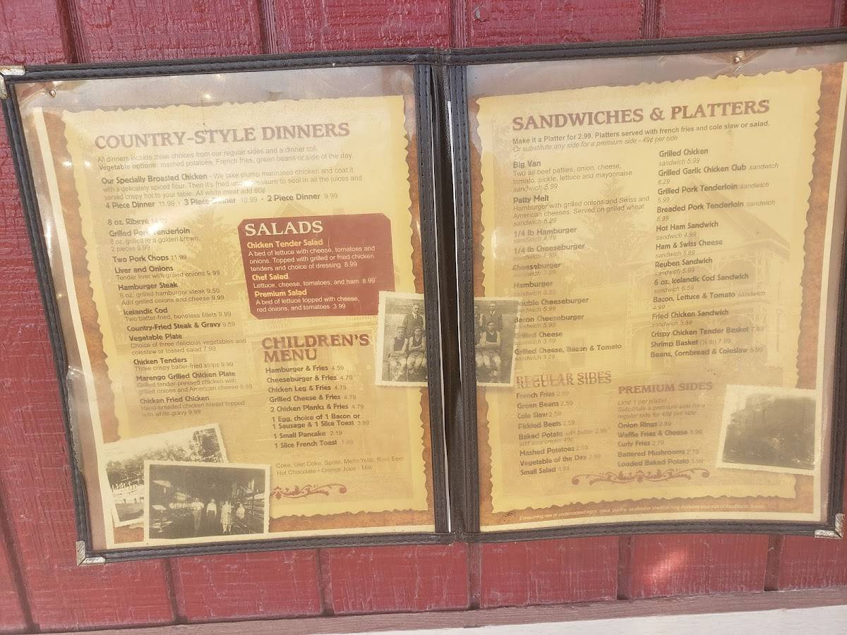 Menu at Van's Country Table restaurant, Marengo