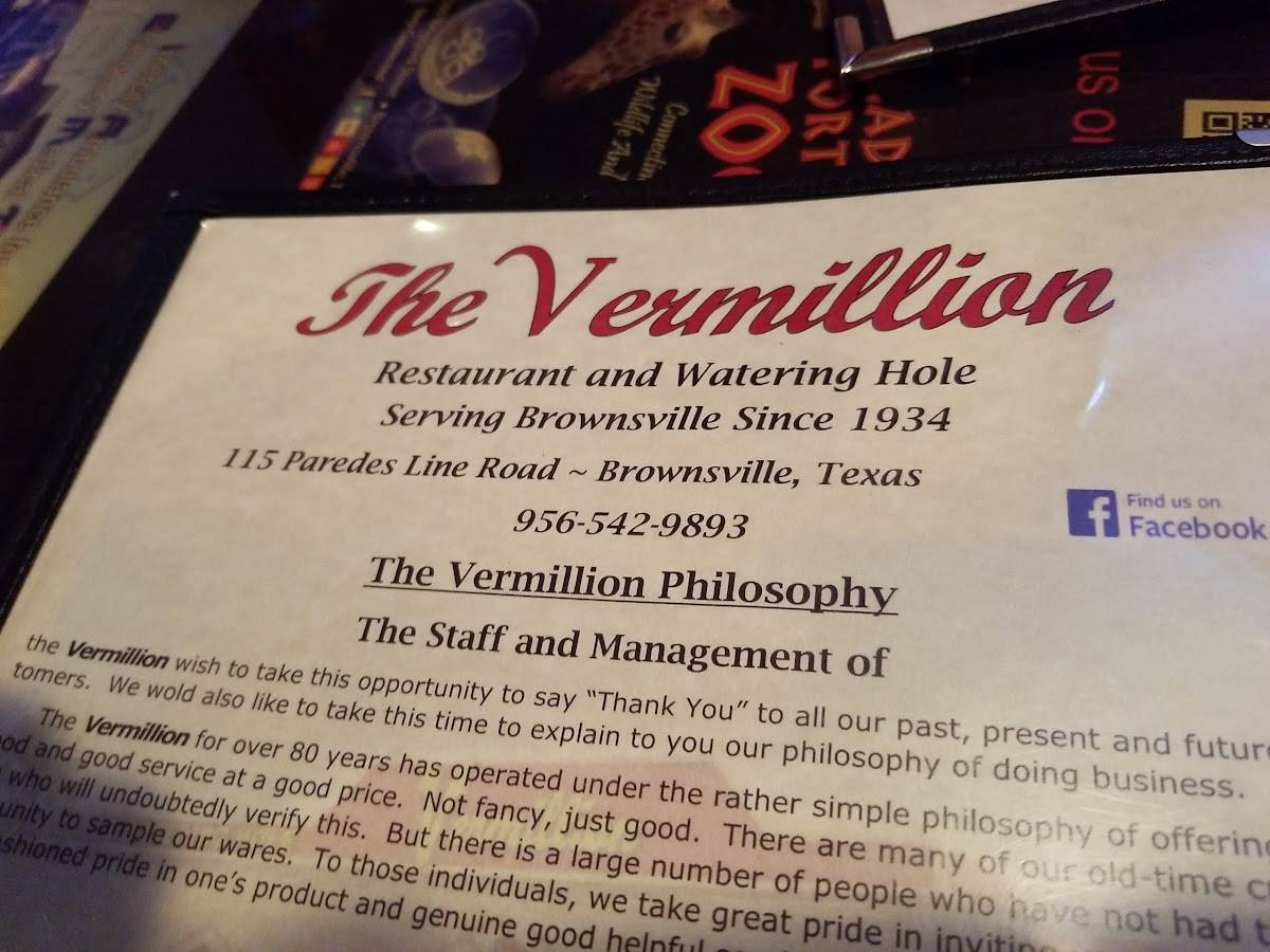 Menu at Vermillion Restaurant and Watering Hole, Brownsville