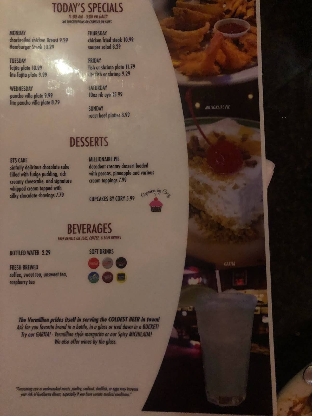Menu at Vermillion Restaurant and Watering Hole, Brownsville