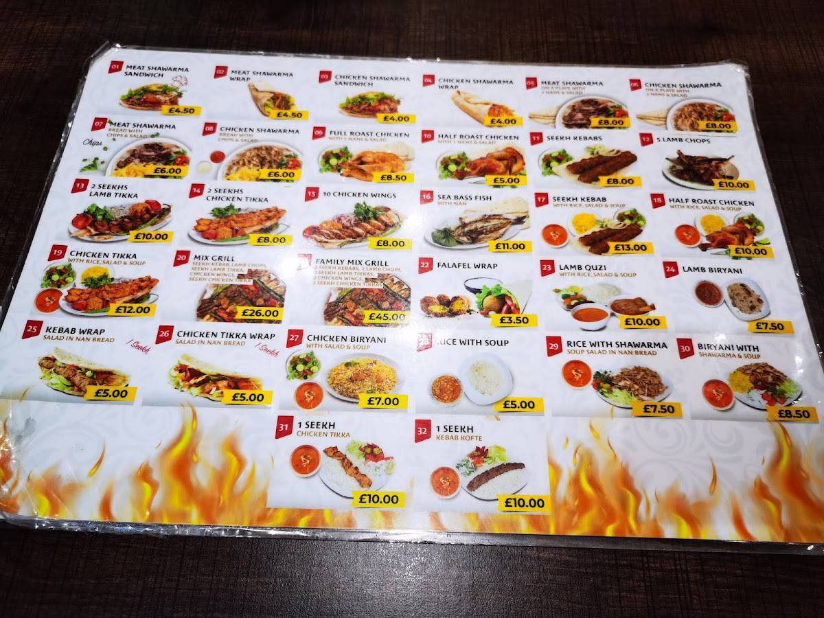 Menu at Victoria Shawarma restaurant, Nottingham