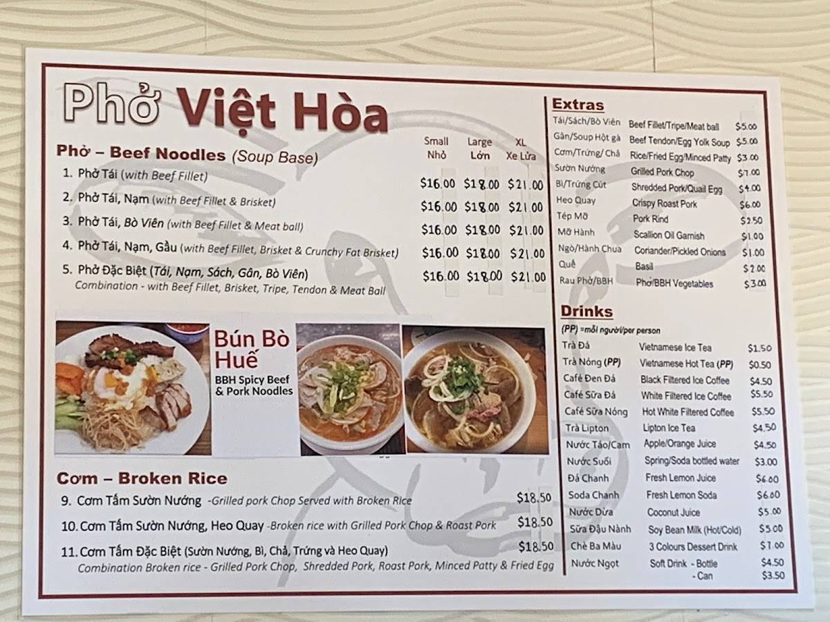 Menu at Viet Hoa restaurant, Woodville Gardens