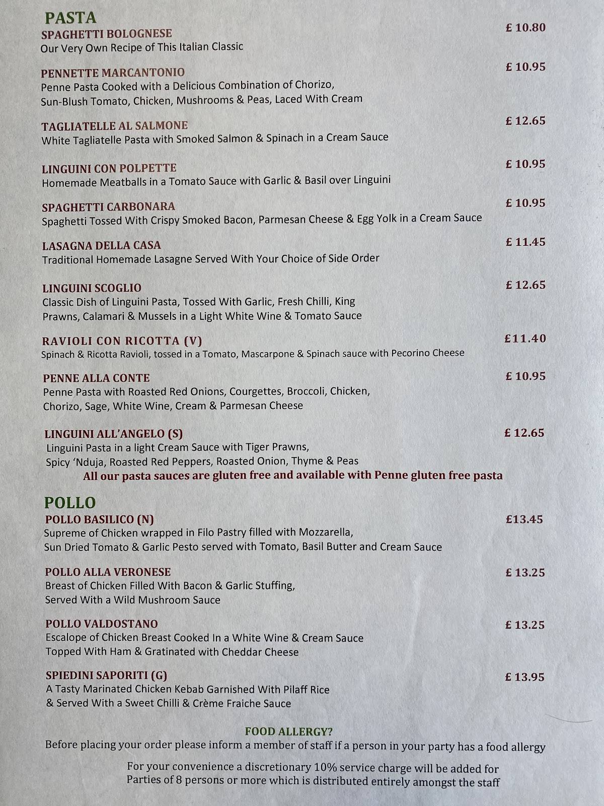 Menu at Villa Italia pizzeria, Belfast