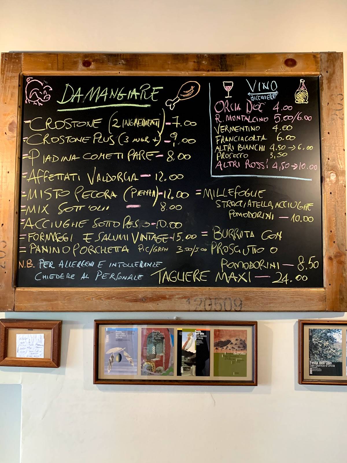 Menu at VinTage pub & bar, San Quirico d'Orcia