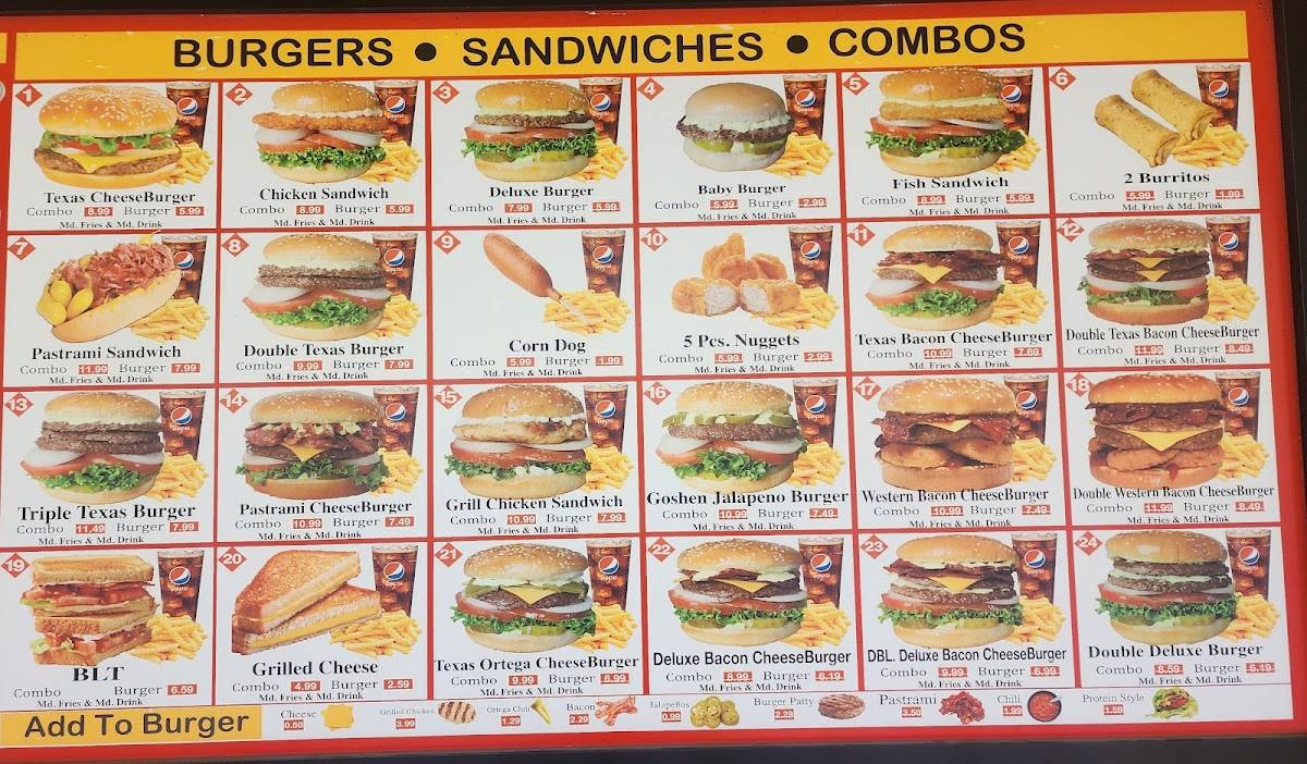 Menu at Buzz's Drive In fast food, Goshen