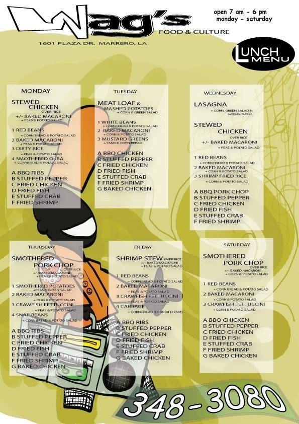Menu at Wags Food & Culture restaurant, Marrero, Plaza Dr