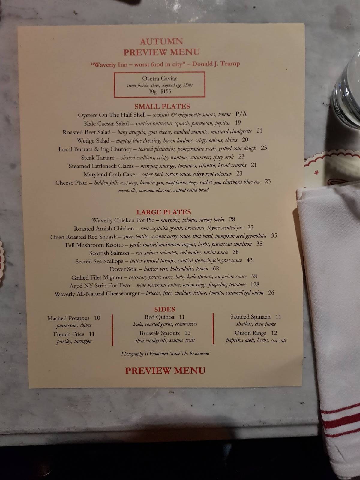 Menu at Waverly Inn restaurant, New York City