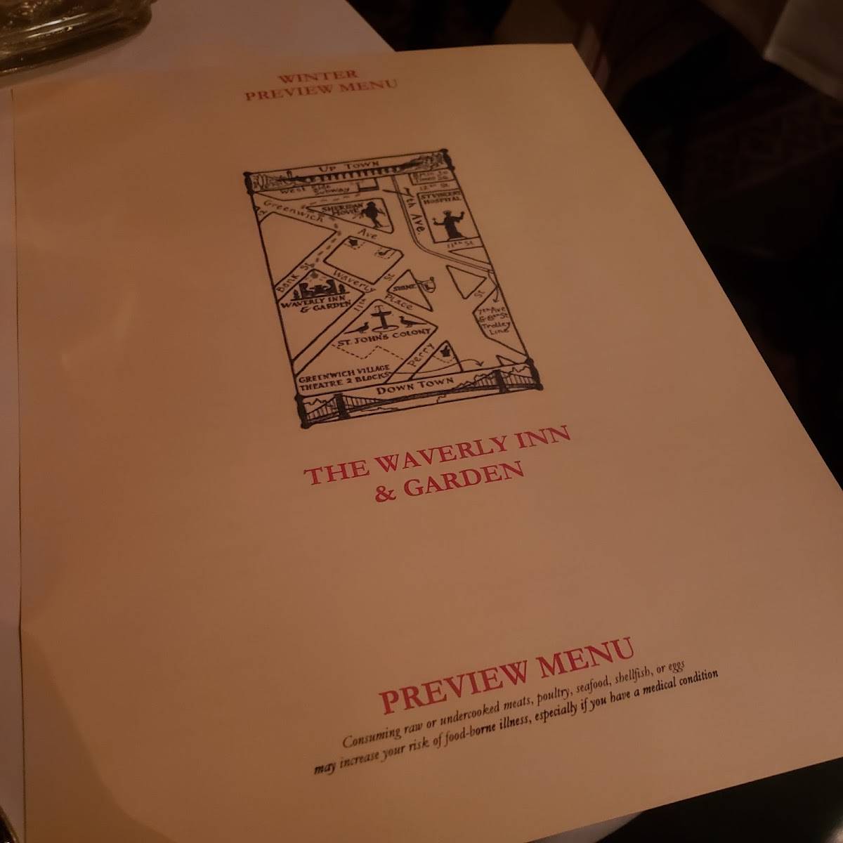Menu at Waverly Inn restaurant, New York City