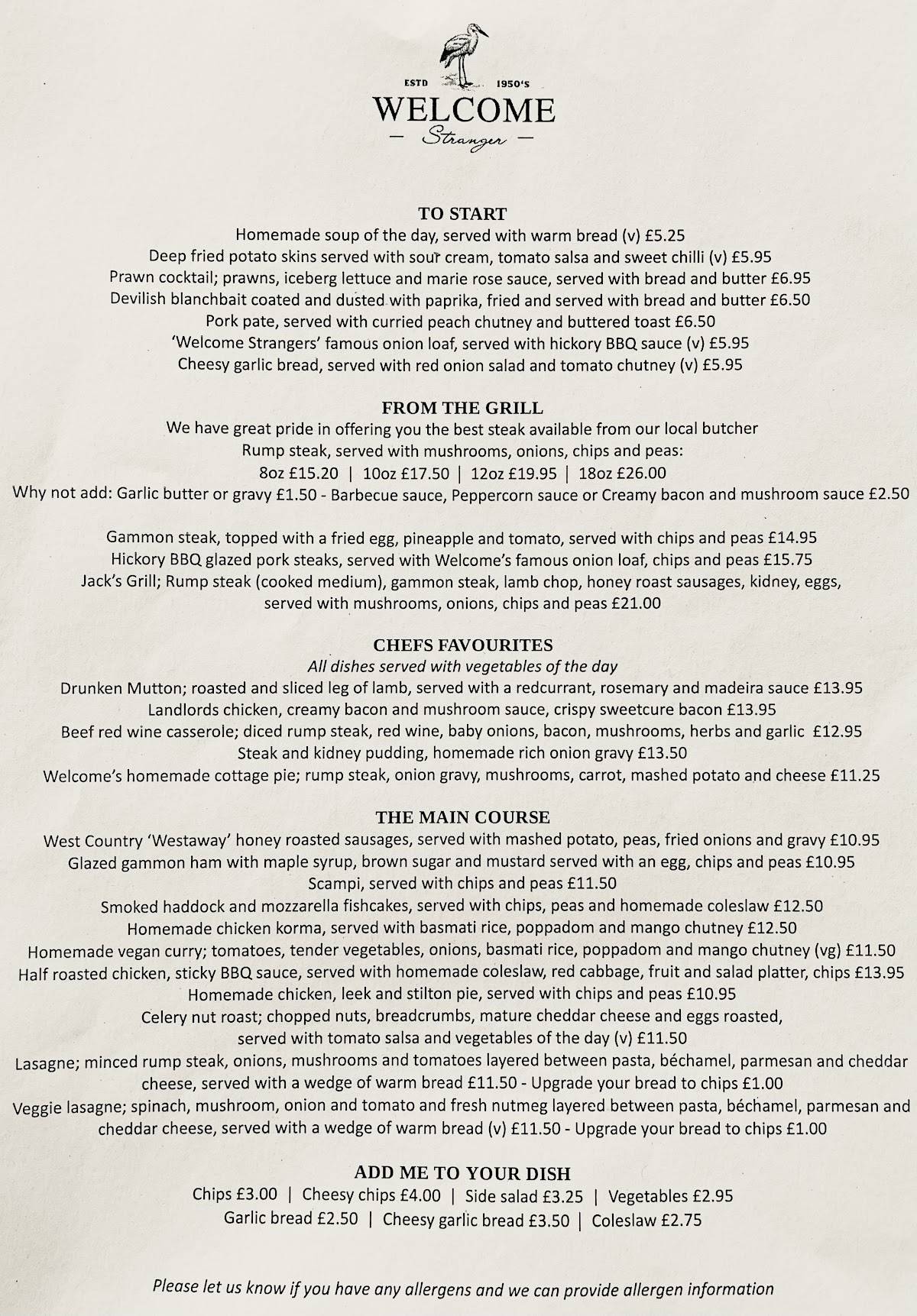 Menu at Welcome Stranger pub & bar, Liverton