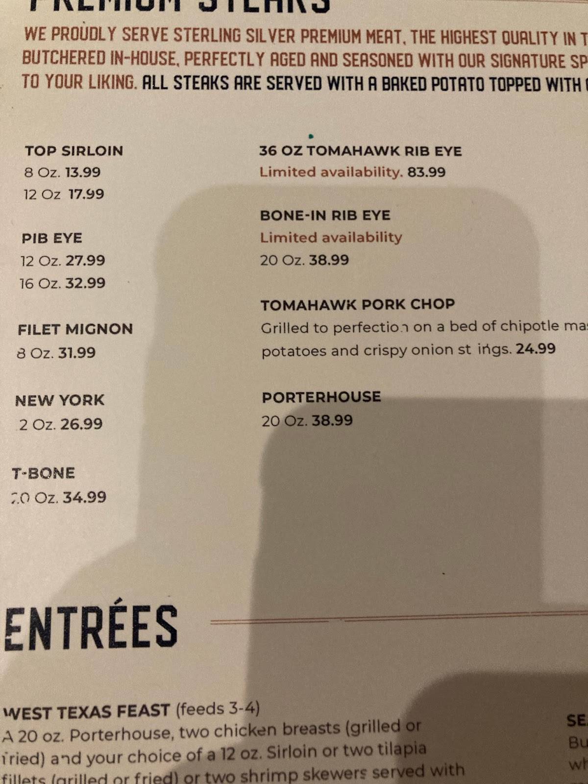 Menu at West Texas Chophouse steakhouse, El Paso