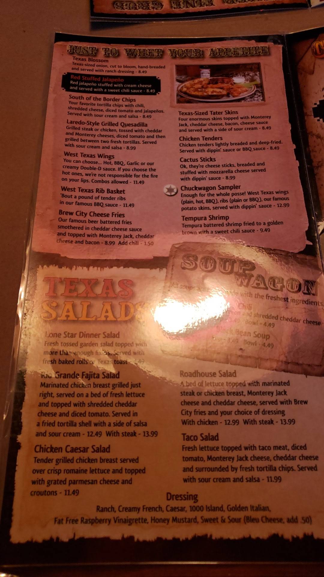 Menu at West Texas Roadhouse steakhouse, Saint Clairsville
