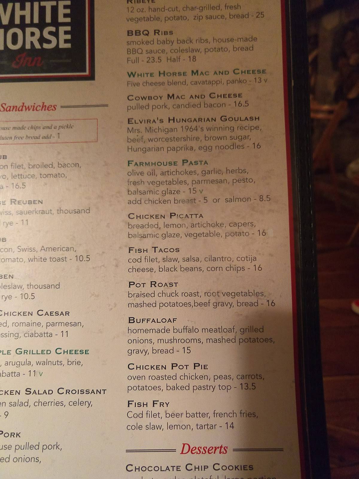 Menu at White Horse Inn restaurant, Metamora