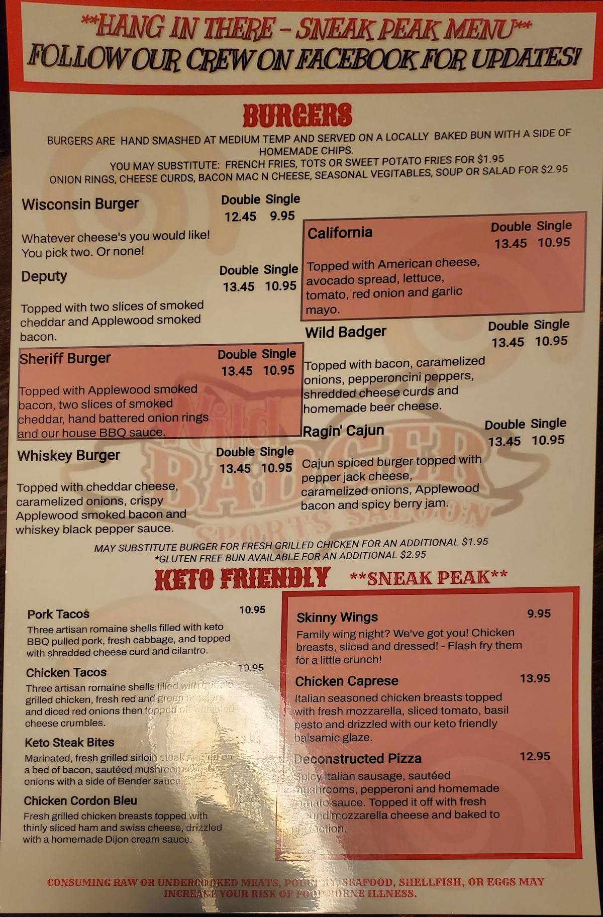 Menu at Wild Badger Sports Saloon pub & bar, New Richmond
