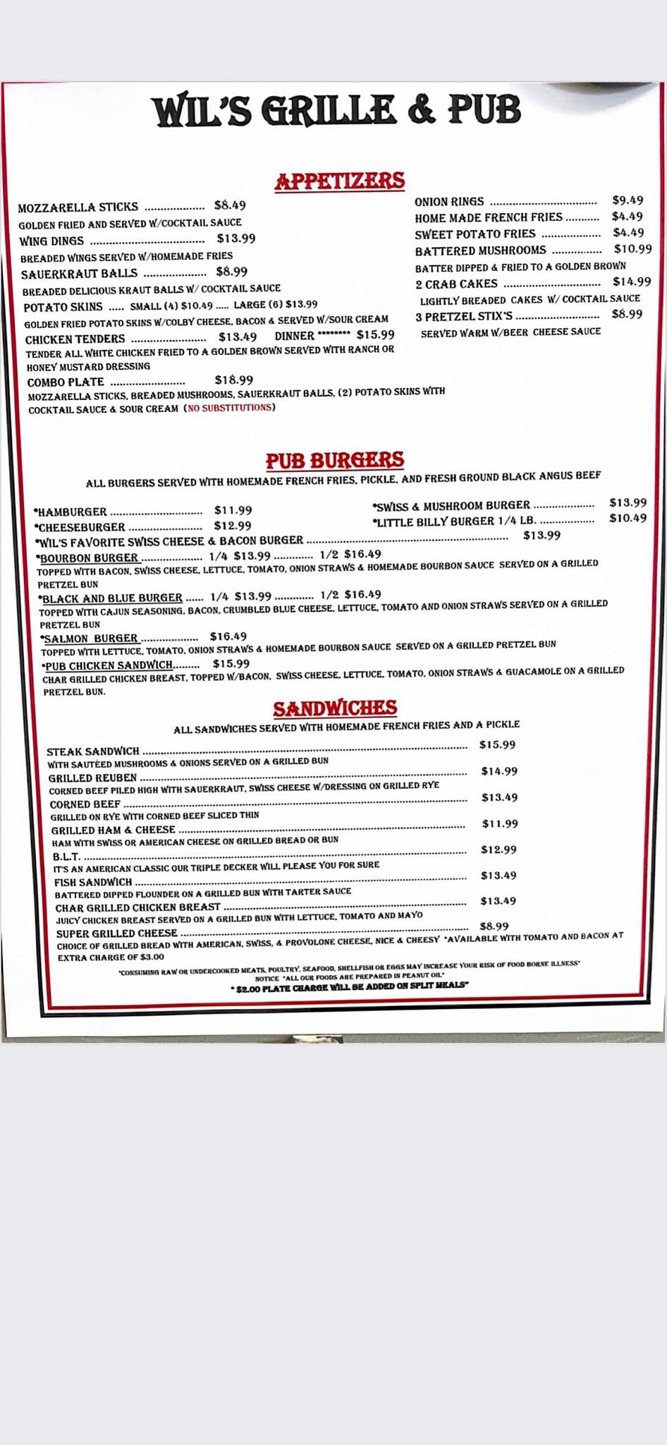 Menu at Wil's Grille & Pub, Barberton