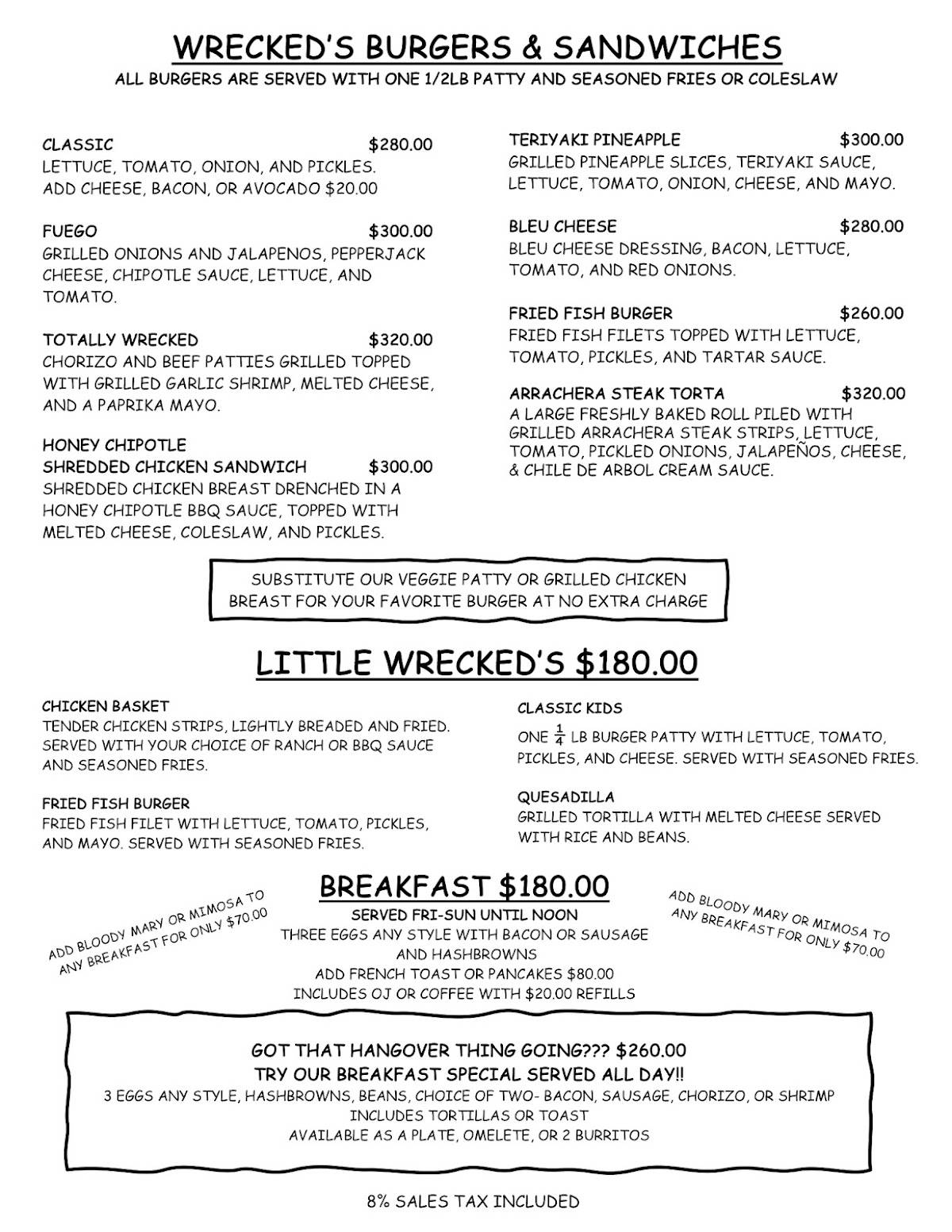 Menu at Wrecked at the Reef pub & bar, Puerto Peñasco
