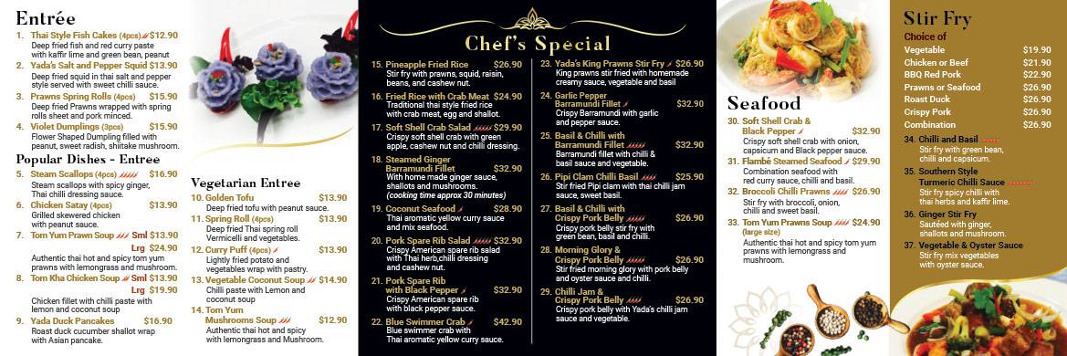 Menu at YADA Thai Restaurant Trinity Beach, Trinity Beach