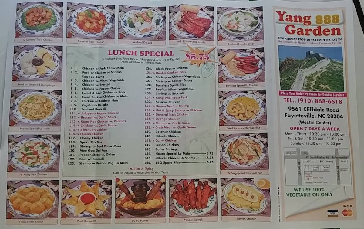 Menu at Yang Garden restaurant, Fayetteville