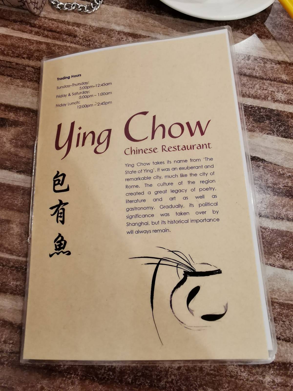 Menu at Ying Chow Chinese Restaurant, Adelaide