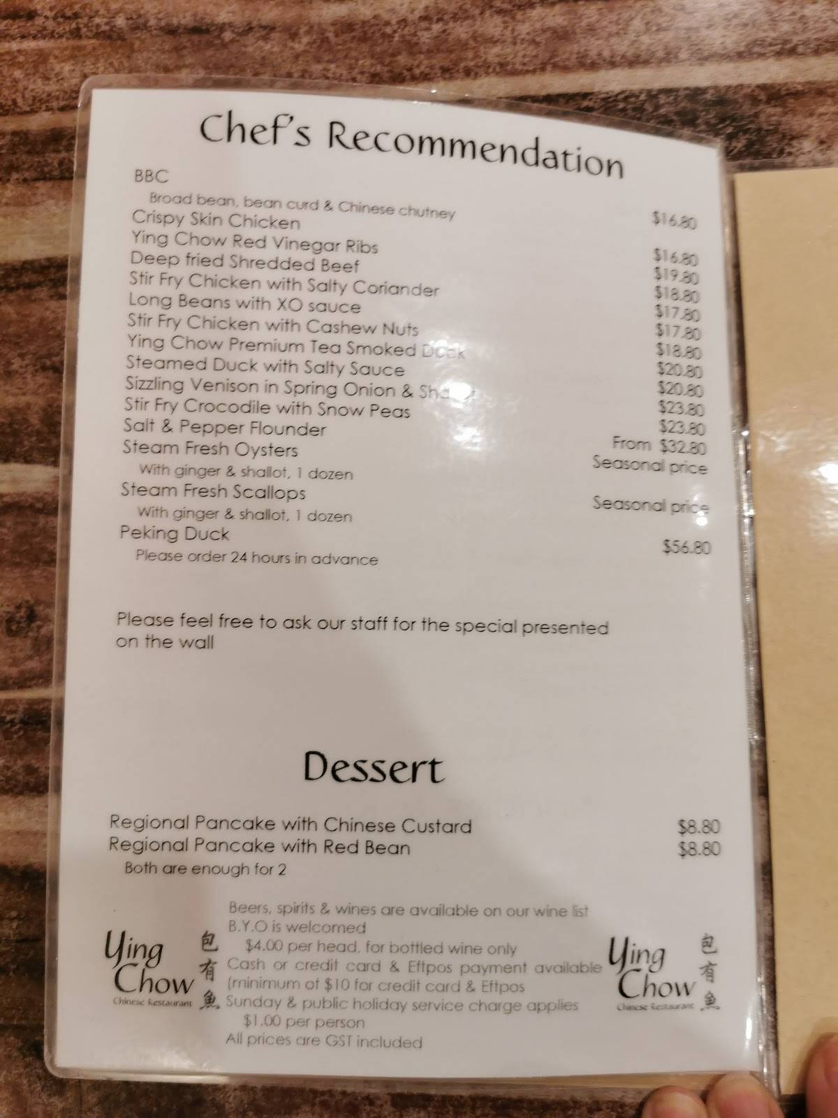 Menu at Ying Chow Chinese Restaurant, Adelaide