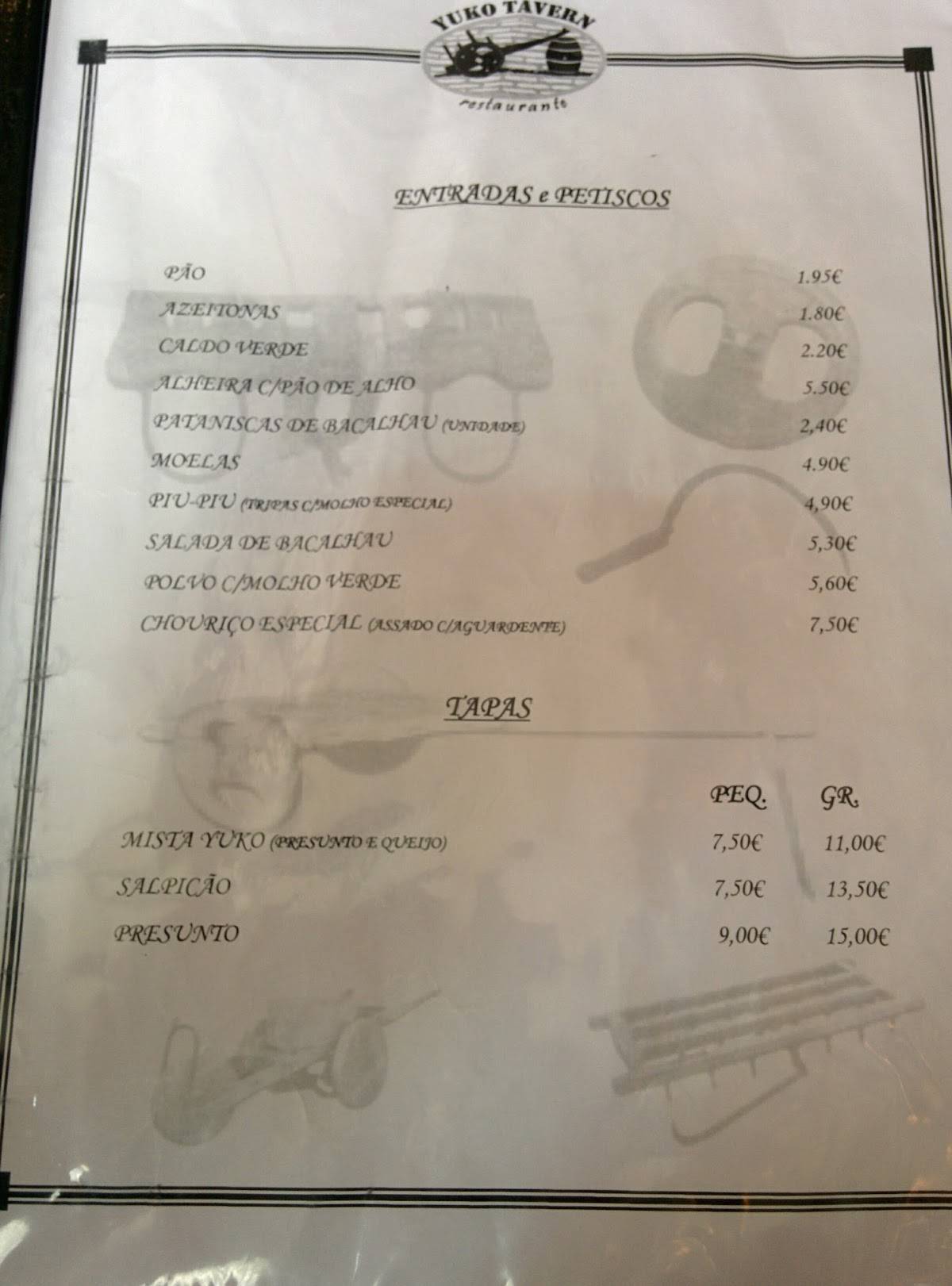 Menu em Yuko Tavern restaurante, Porto