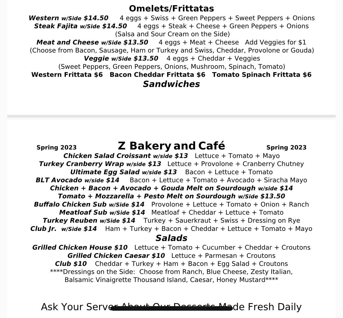 Menu at Z Bakery and Cafe, Fort Mill
