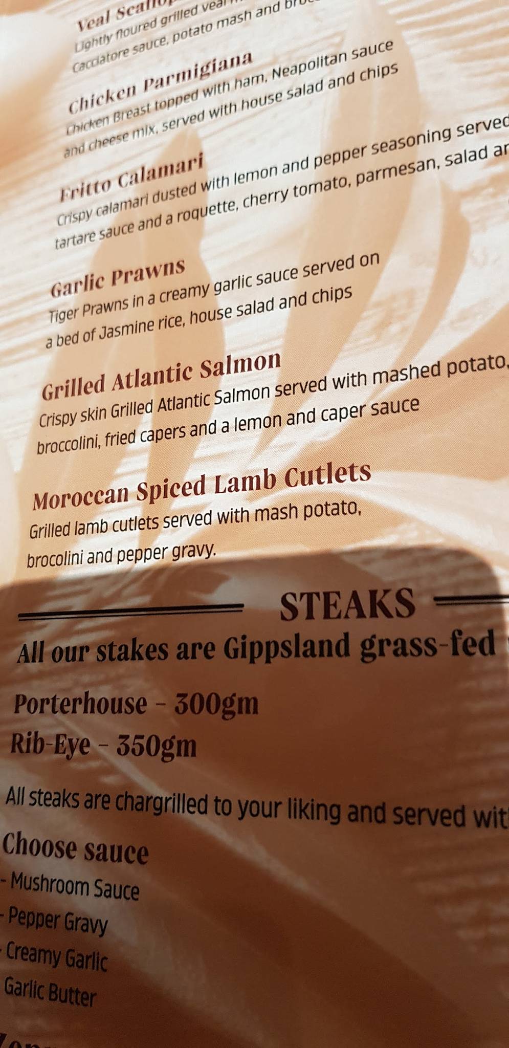 Menu at ZEPPO restaurant, Clyde