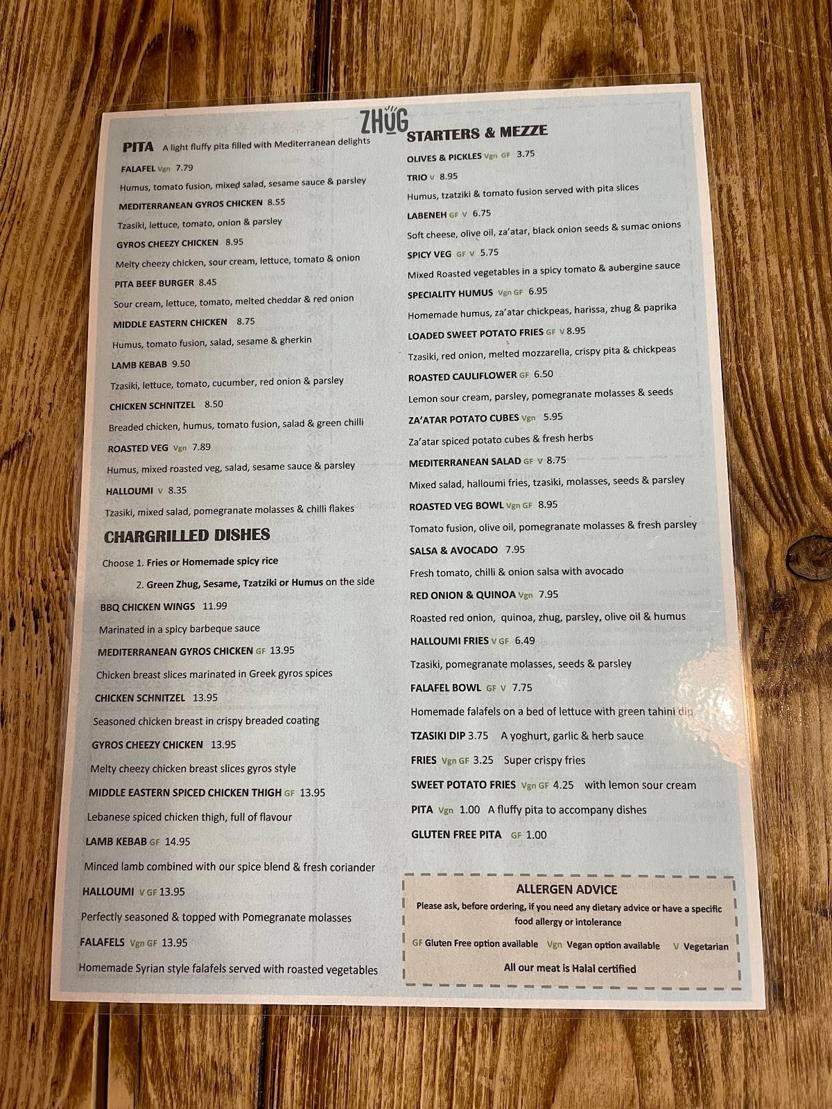 Menu at ZHUG restaurant, Nottingham
