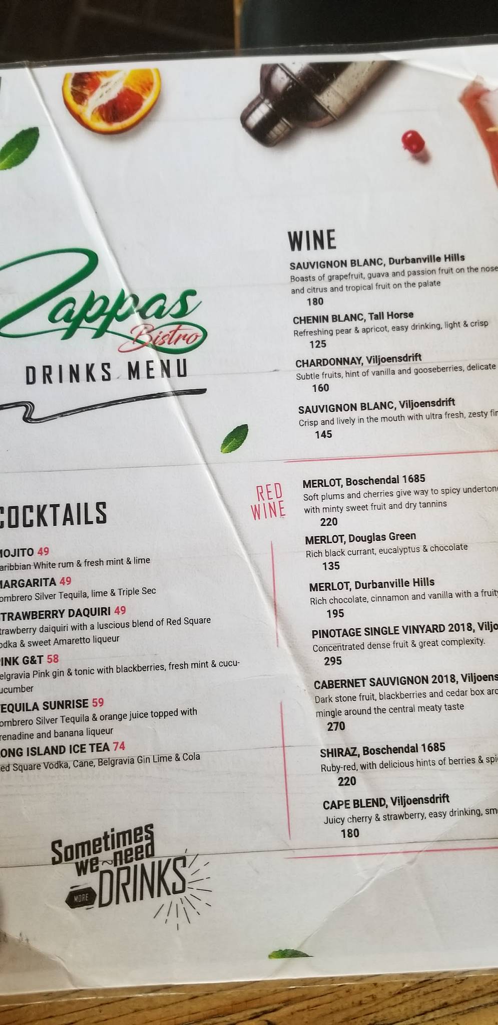 Menu at Zappas Restaurant, Pretoria