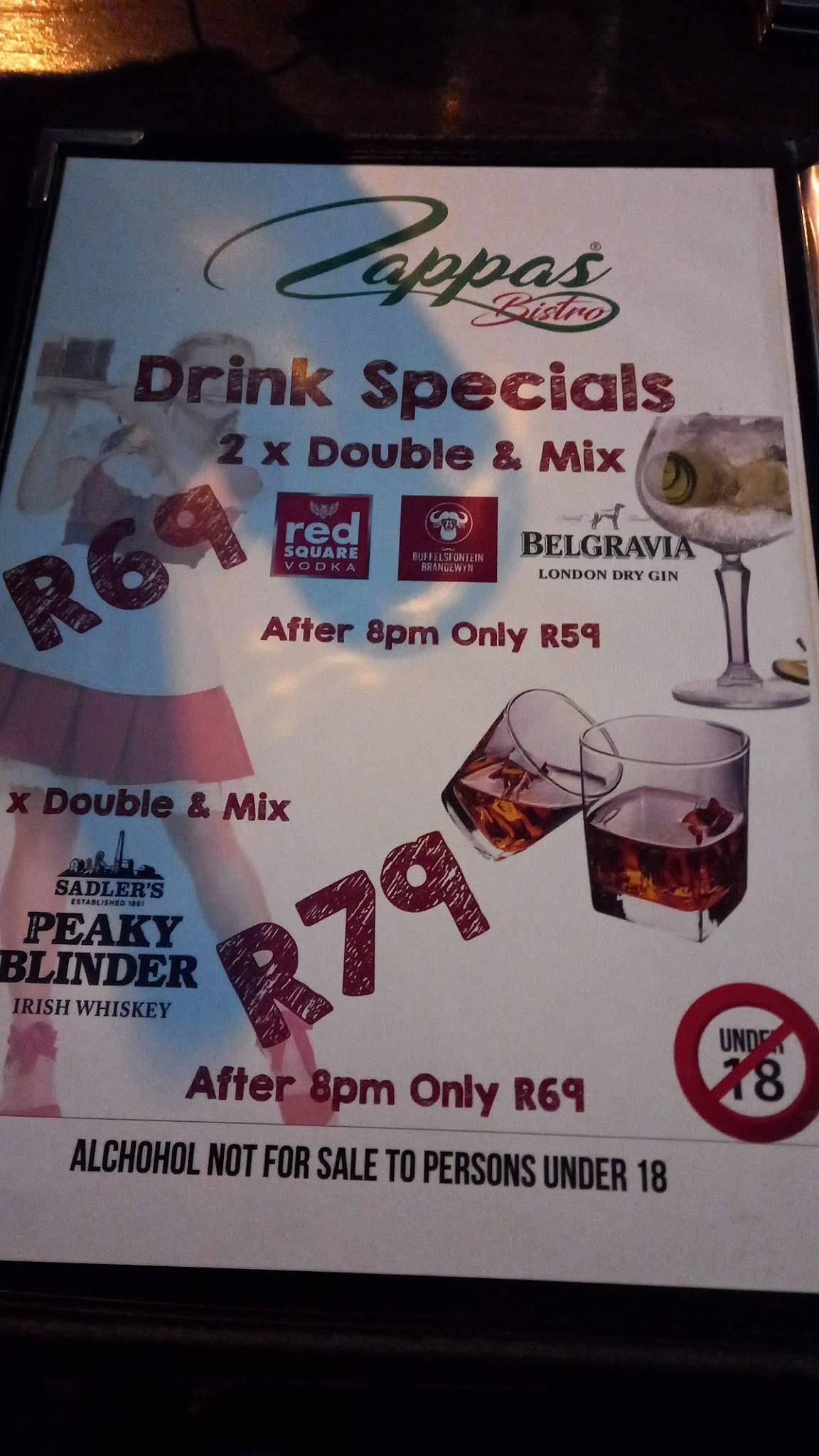 Menu at Zappas Restaurant, Pretoria