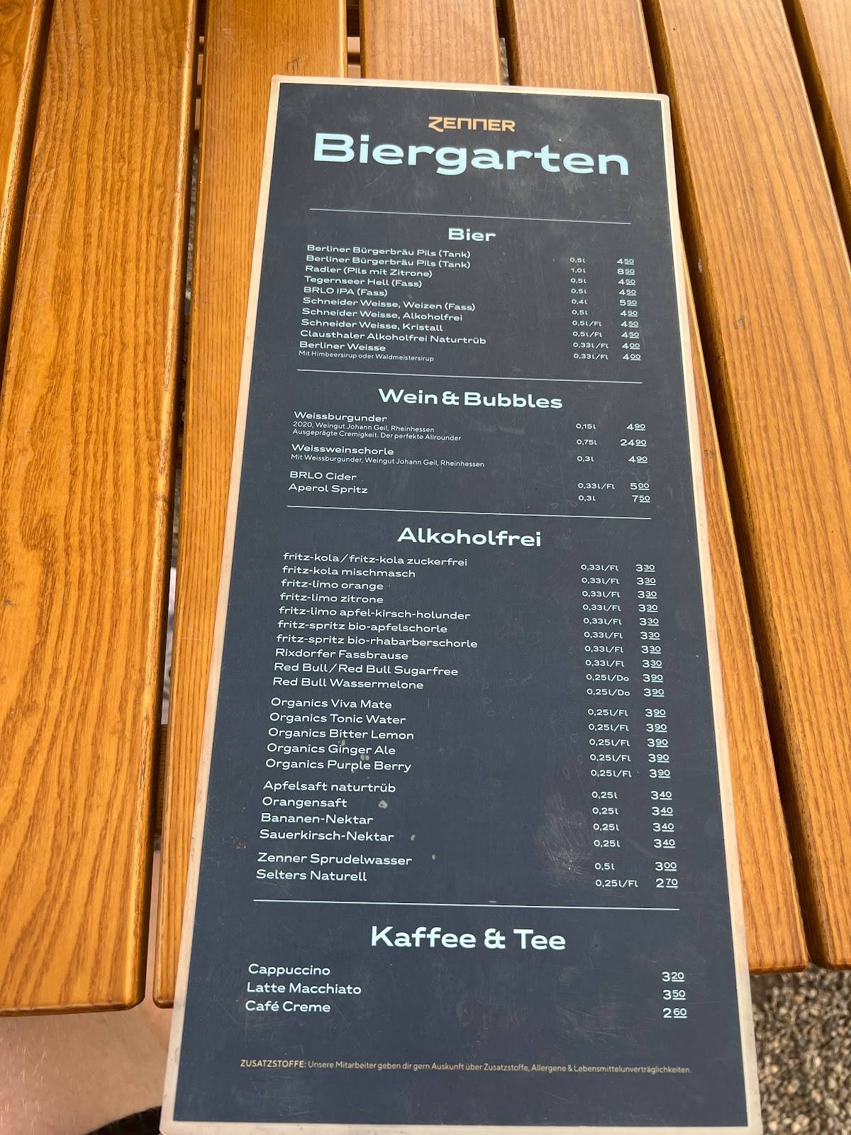 Speisekarte von Zenner Biergarten und Weingarten restaurant, Berlin