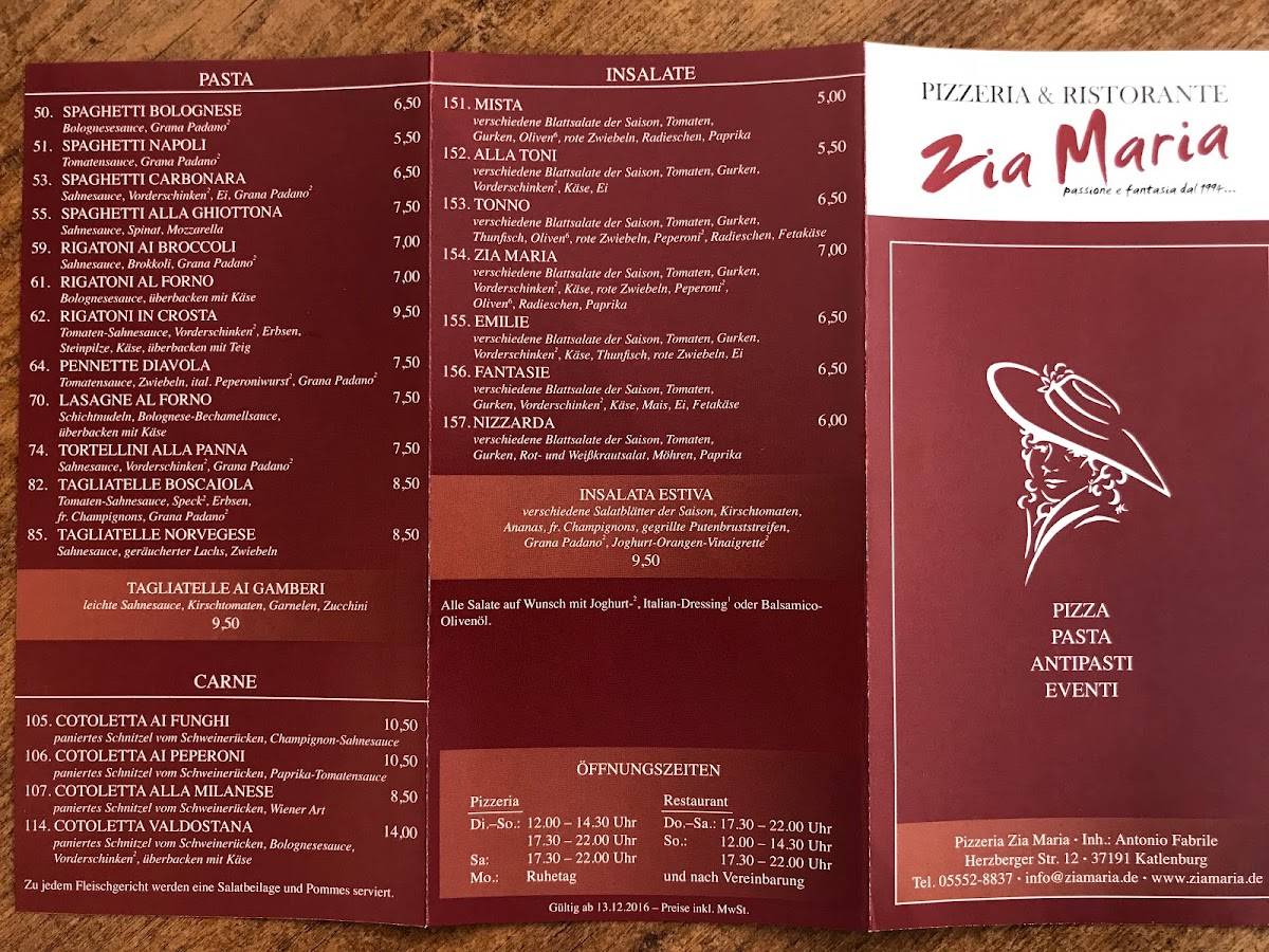 Speisekarte von Zia Maria pizza, Katlenburg-Lindau