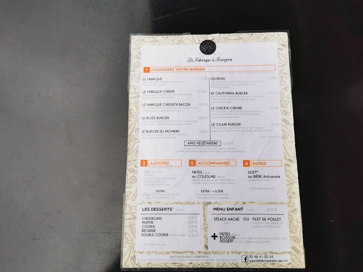 Carta del restaurante la fabrique à burger, La Rochelle