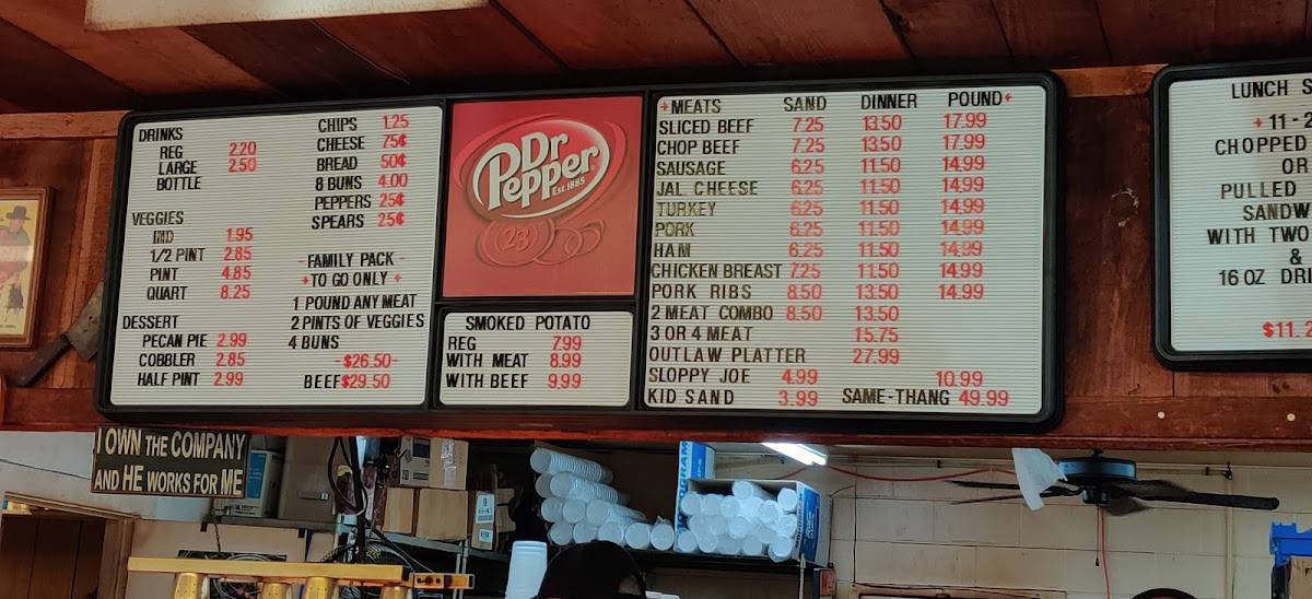 Menu at outlaw's bar-b-que, Mount Pleasant