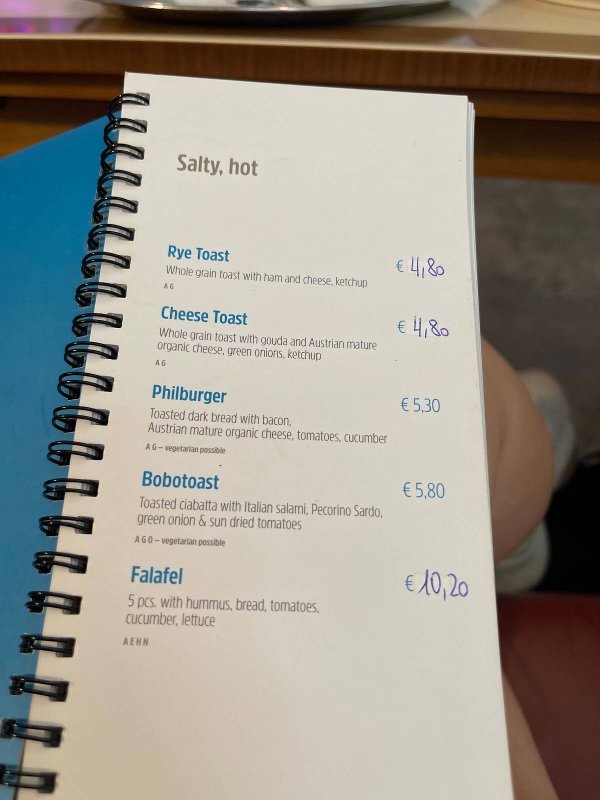 Menu at phil cafe, Vienna
