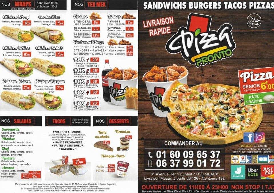 Carta de pizzería pronto pizza, Meaux