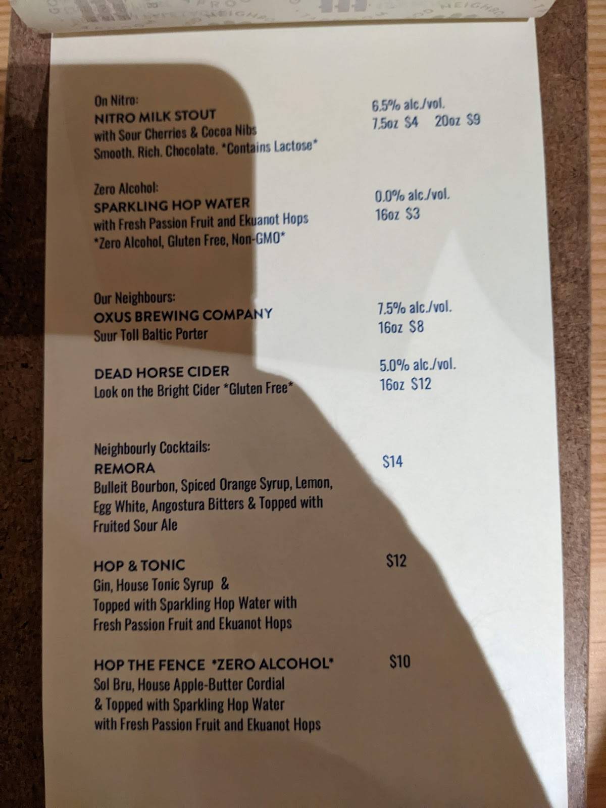 Menu at Next Door pub & bar, Winnipeg