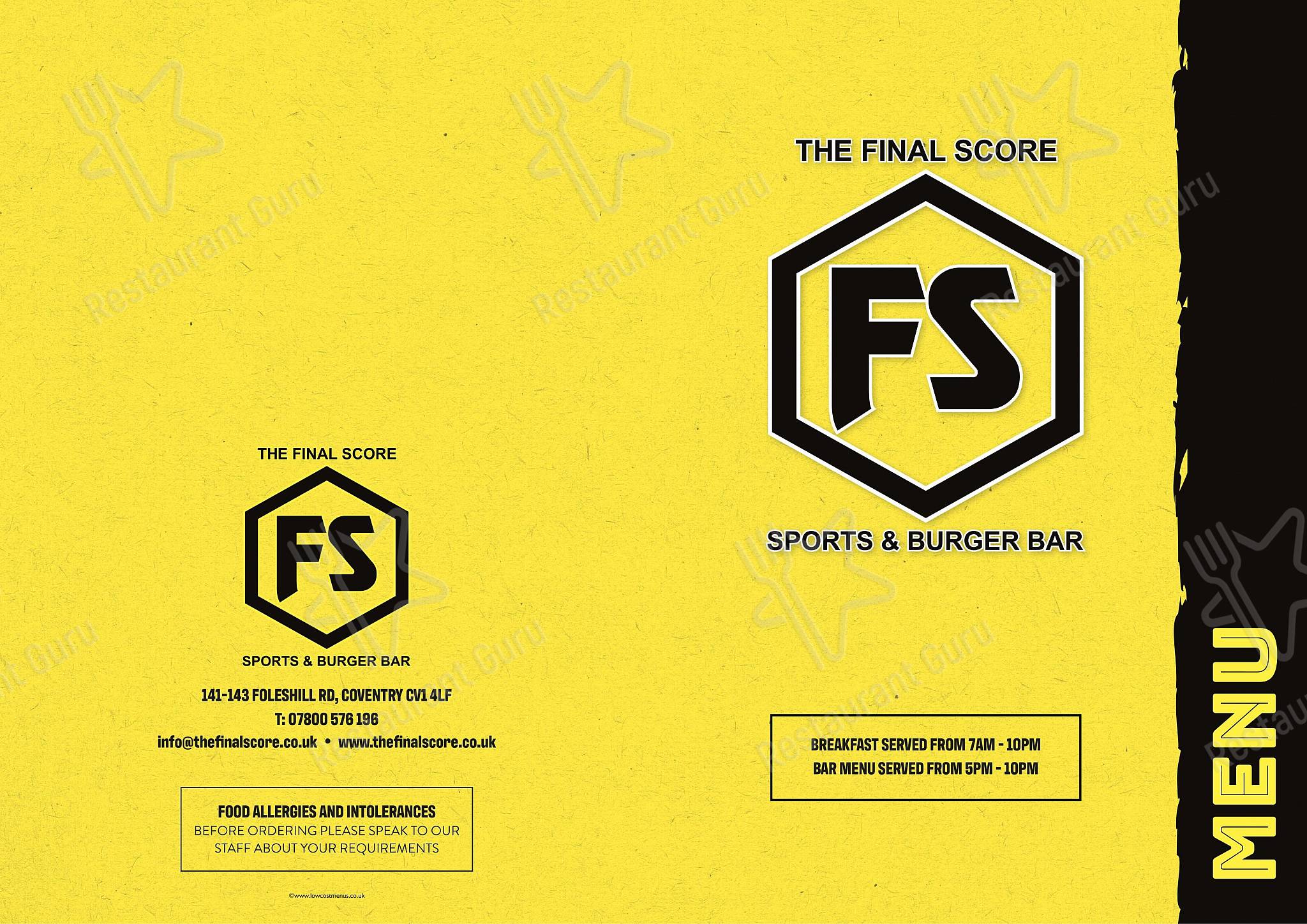 Menu at Final Score Sports & Burger Bar, Coventry