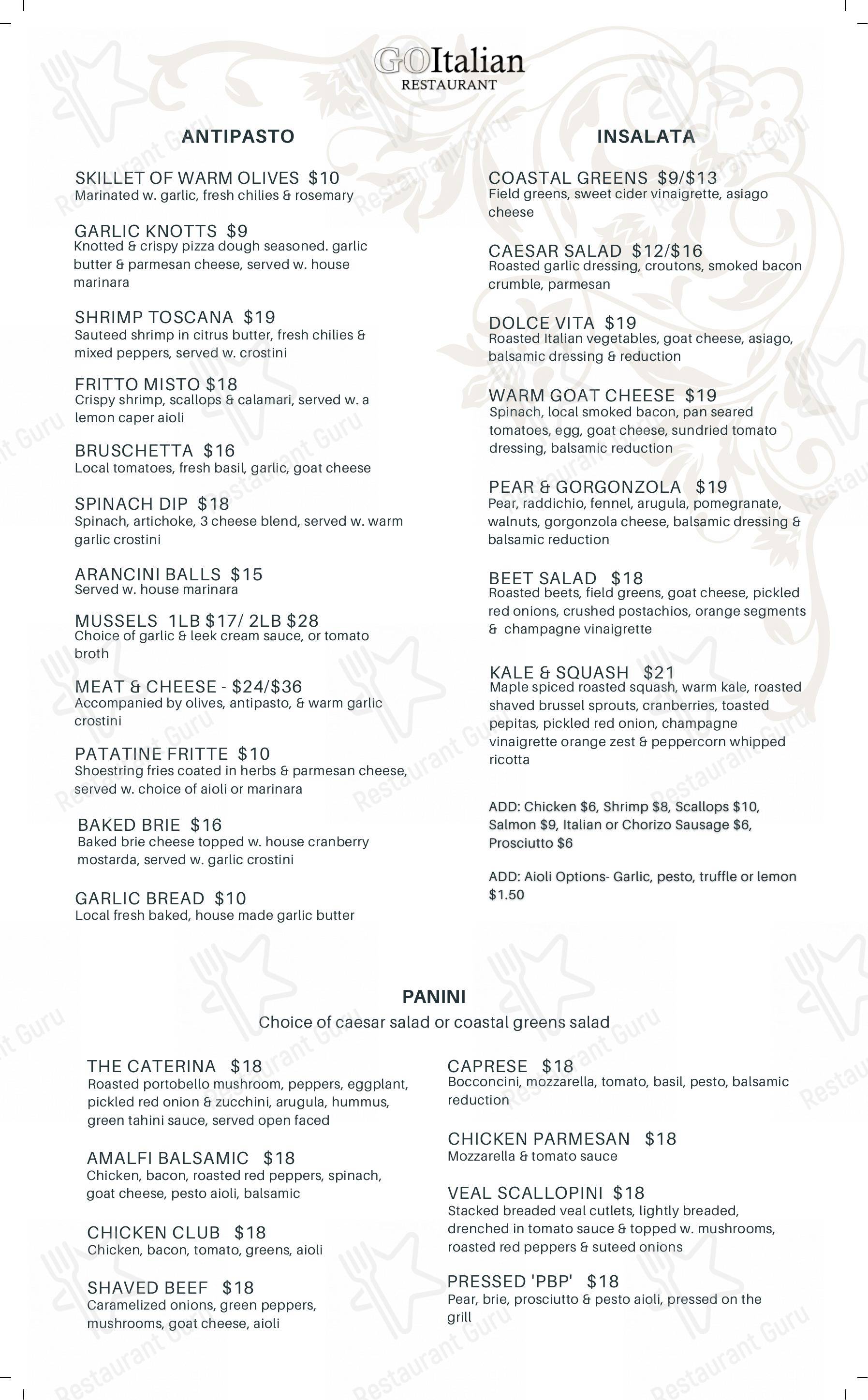 Menu at GO Italian Restaurant, Kingston