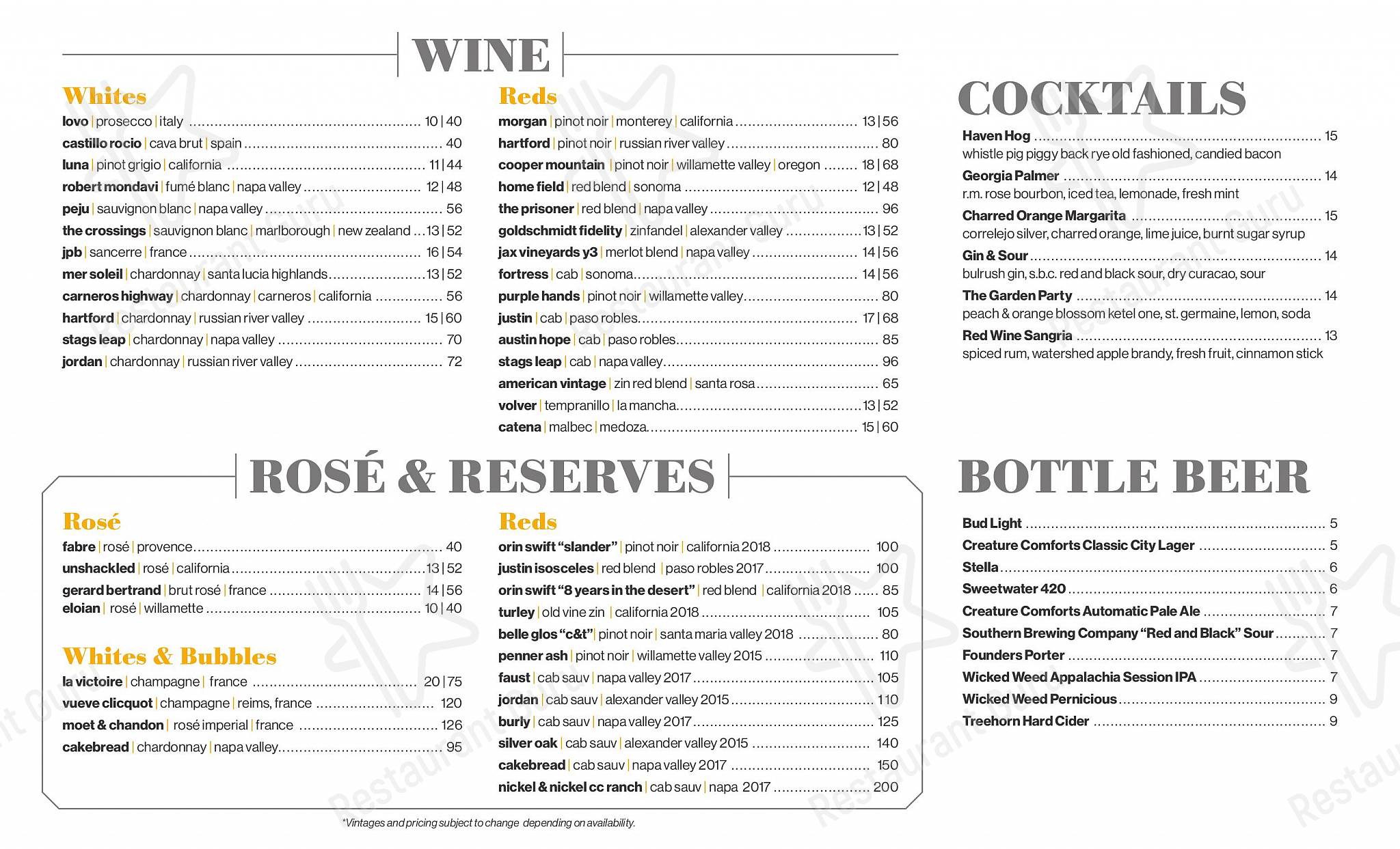 Menu at Haven Restaurant and Bar, Atlanta