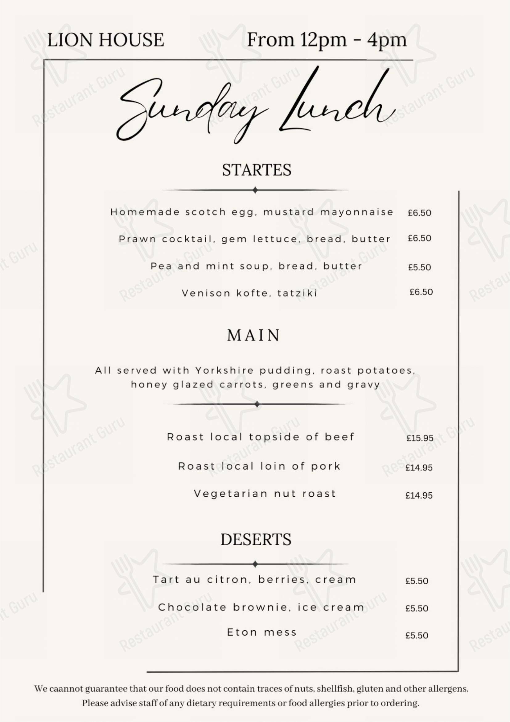 Menu at The Lion House pub & bar, Allendale