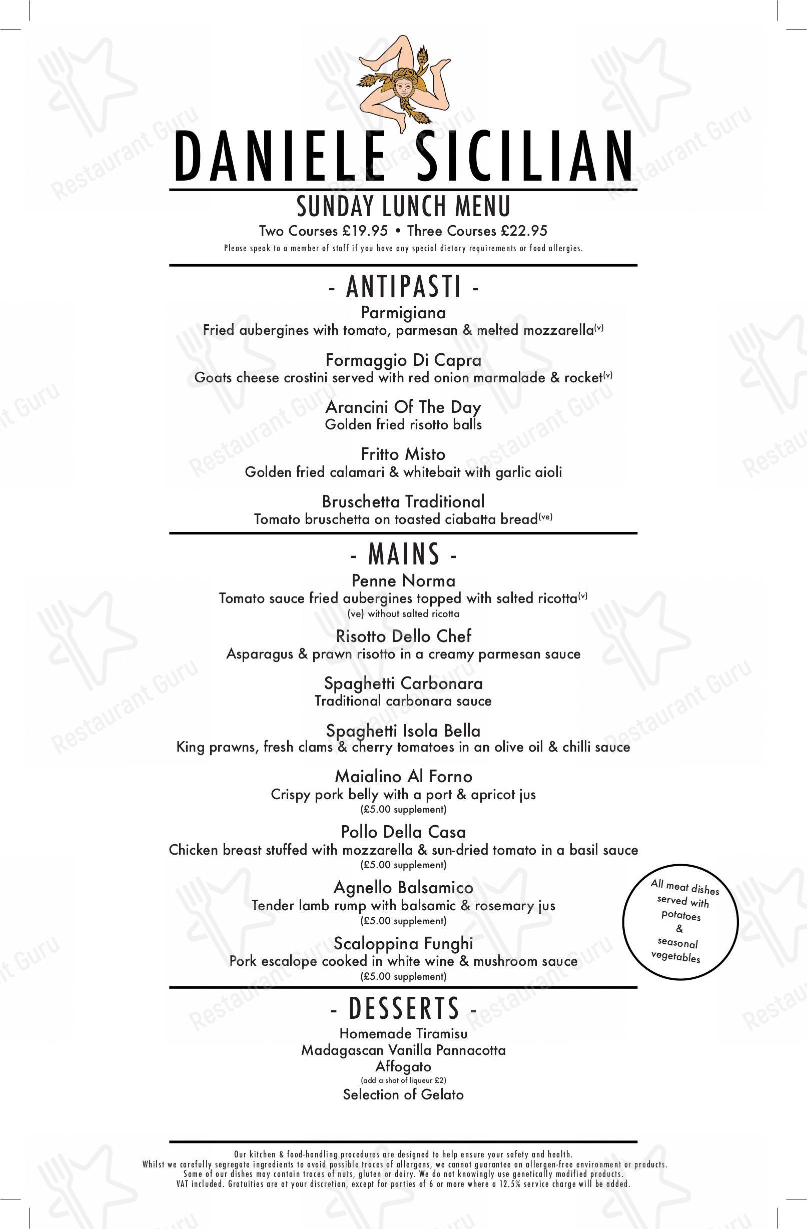Menu at Daniele Sicilian Restaurant, Farnham