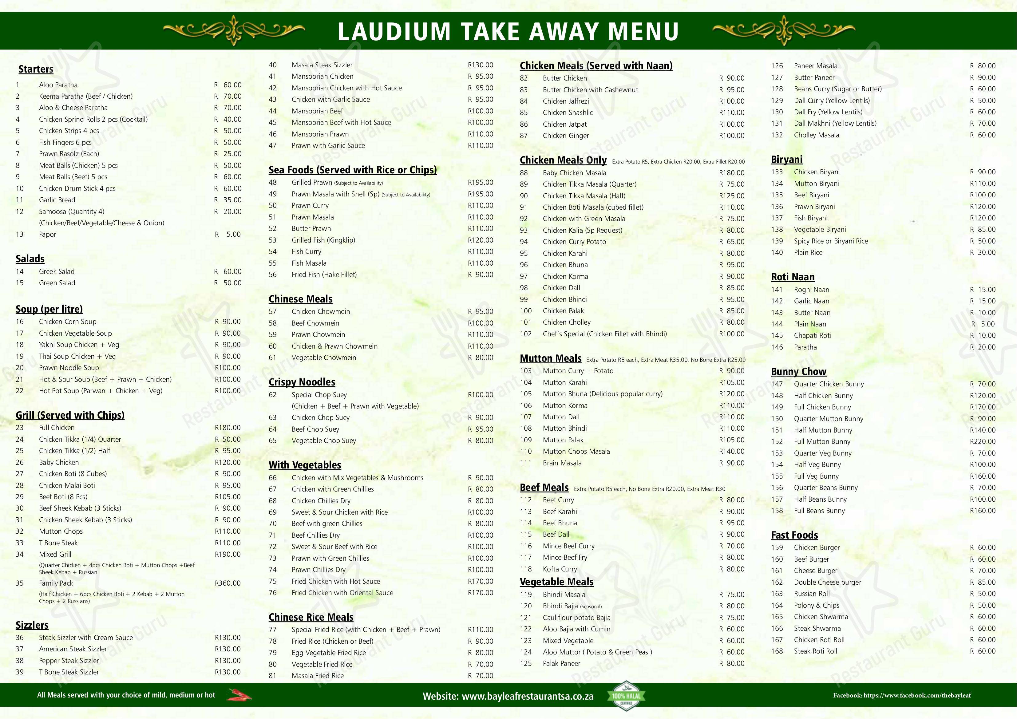 Menu at Bay Leaf Laudium restaurant, Centurion