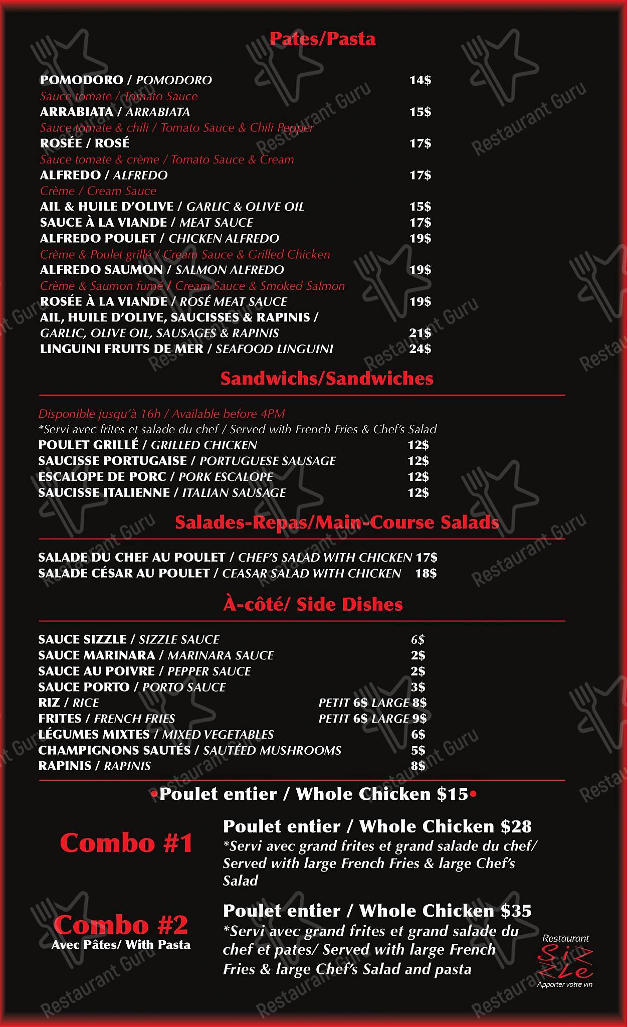 Menu au Restaurant Sizzle Montreal, Montréal, Rue Jean-Talon E