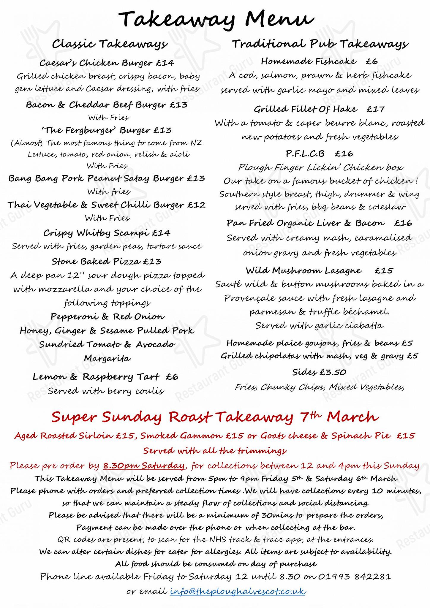 Menu at The Plough Inn Alvescot pub & bar, Clanfield, Main Rd