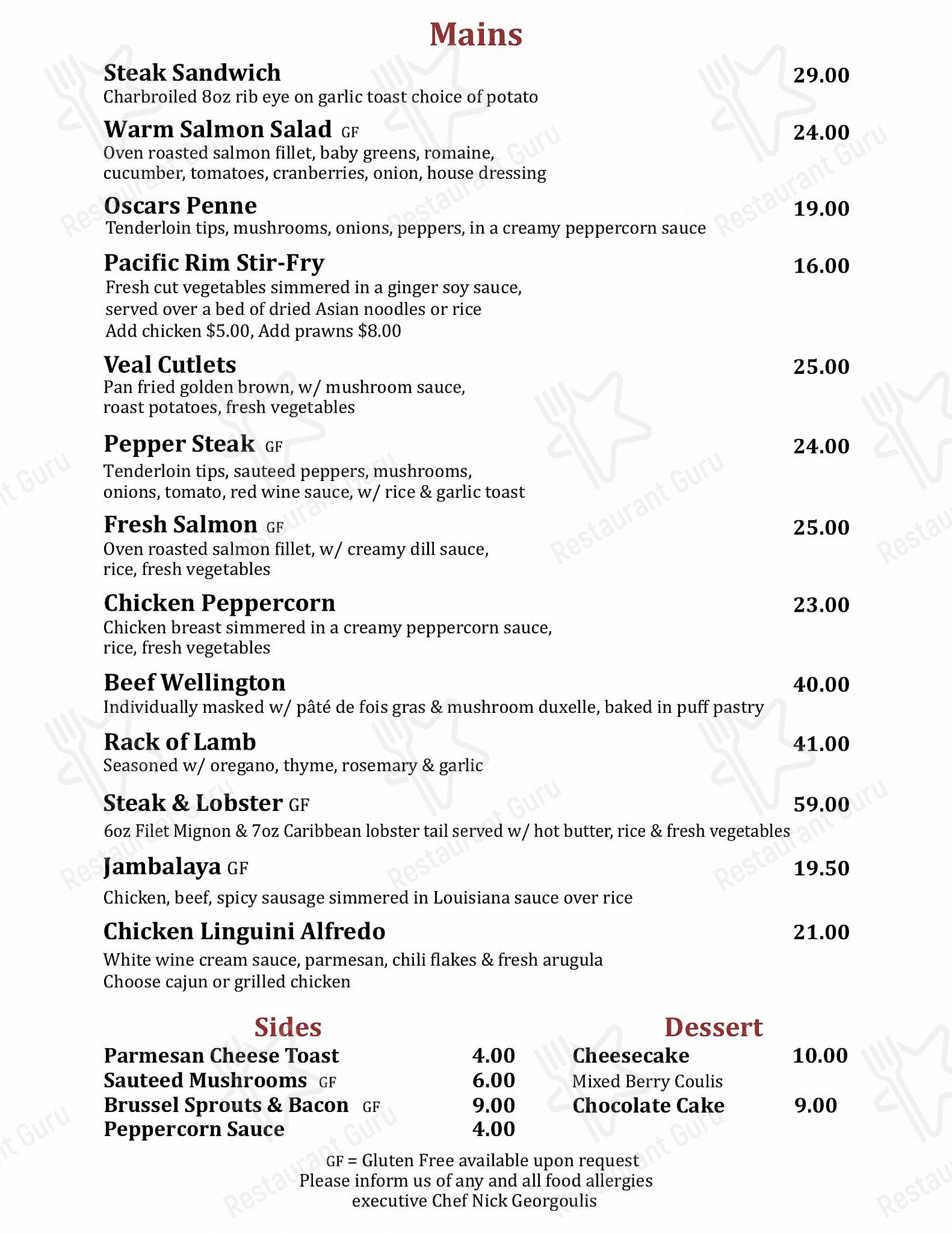 Menu at Wellingtons of Calgary steakhouse, Calgary
