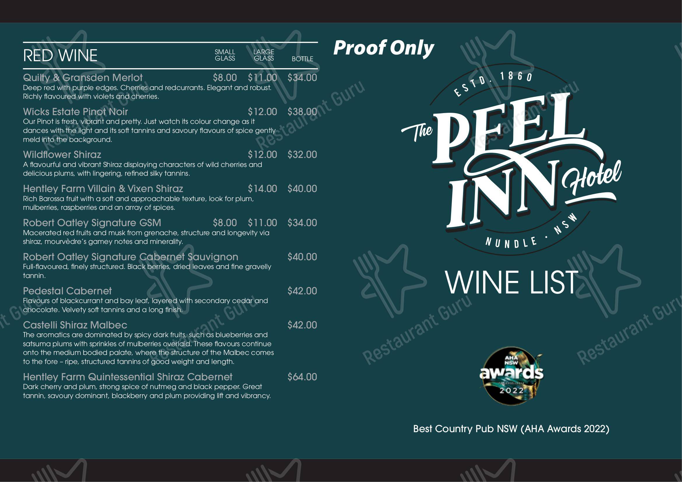 Menu at Peel Inn Hotel pub & bar, Nundle