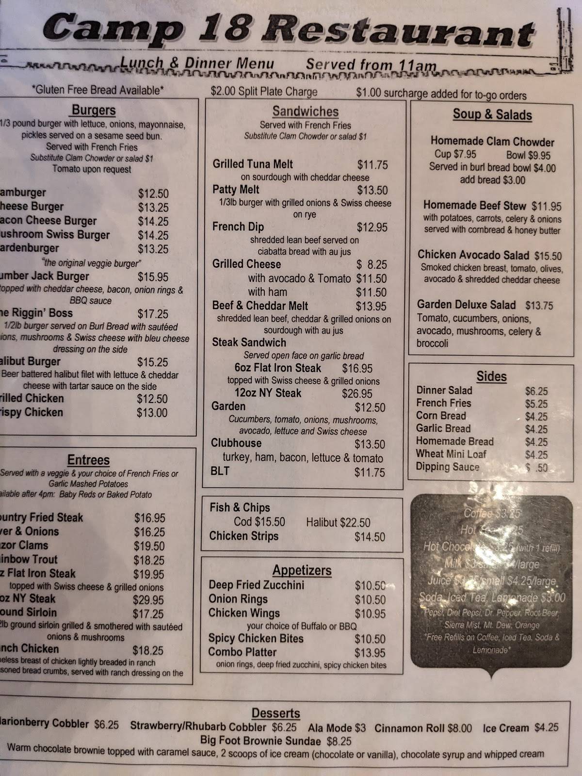 Menu at Camp 18 restaurant, USA