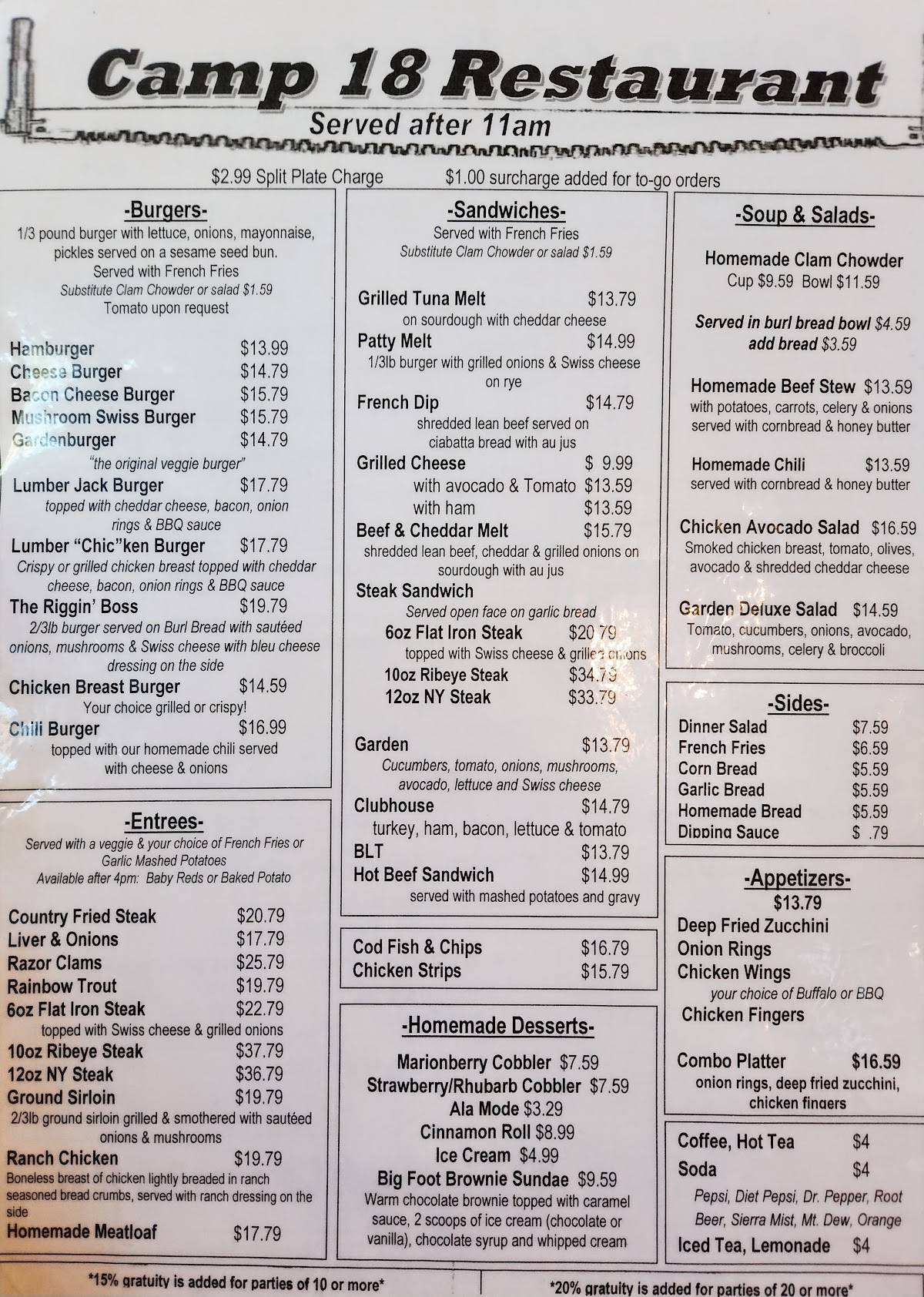 Menu at Camp 18 restaurant, USA