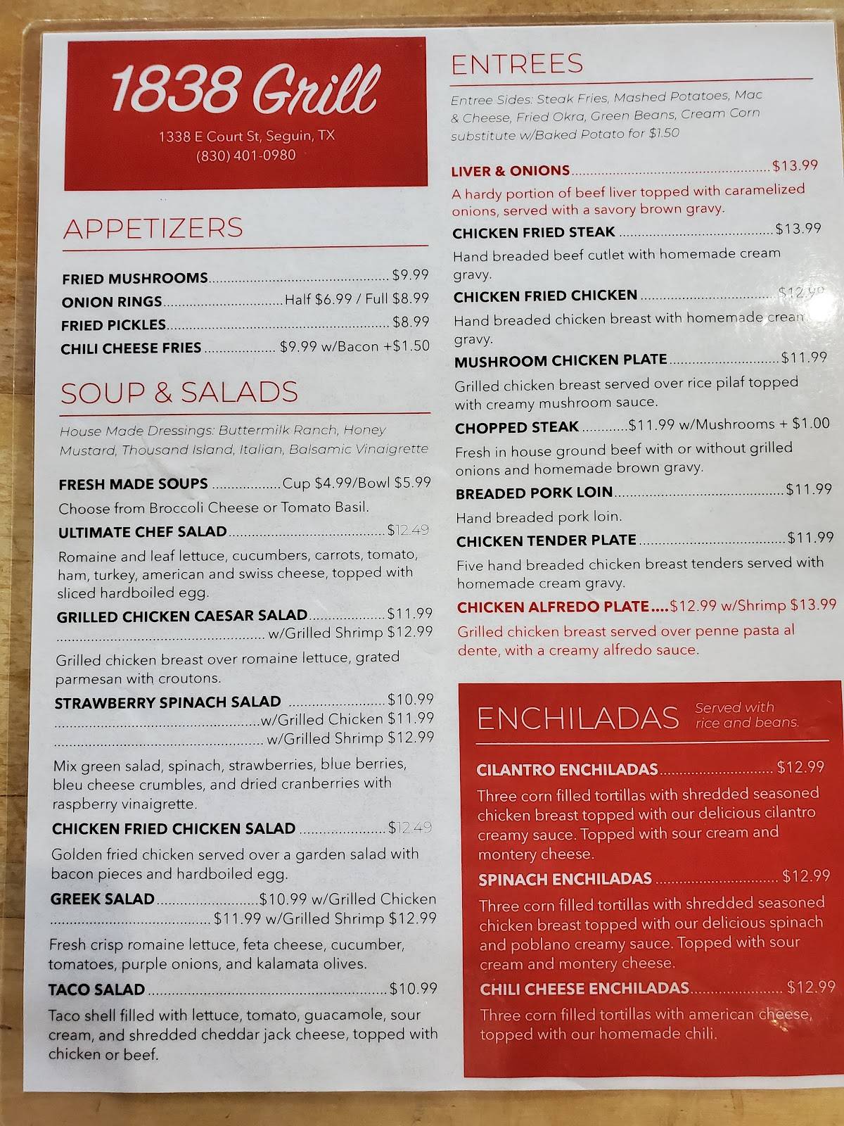 Menu at 1838 Grill restaurant, Seguin