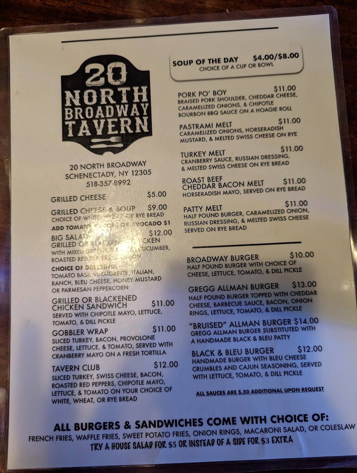 Menu at 20 North Broadway Tavern pub & bar, Schenectady